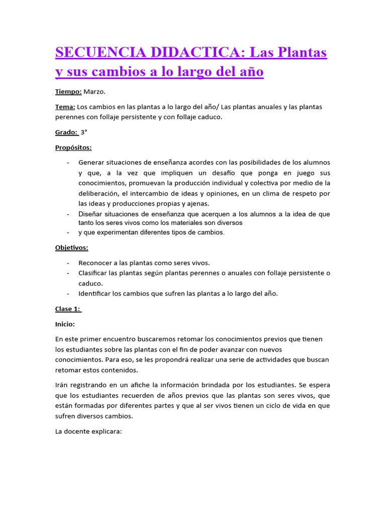 Secuencia Didactica. Los Cambios en Las Plantas A Lo Largo Del Año ...