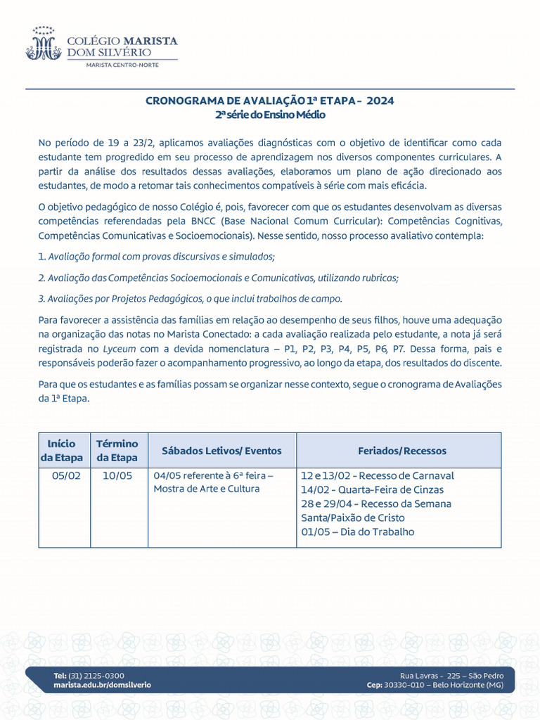 Cronograma Das Avaliações - 2 Série EM - 1 Etapa 2024 | PDF