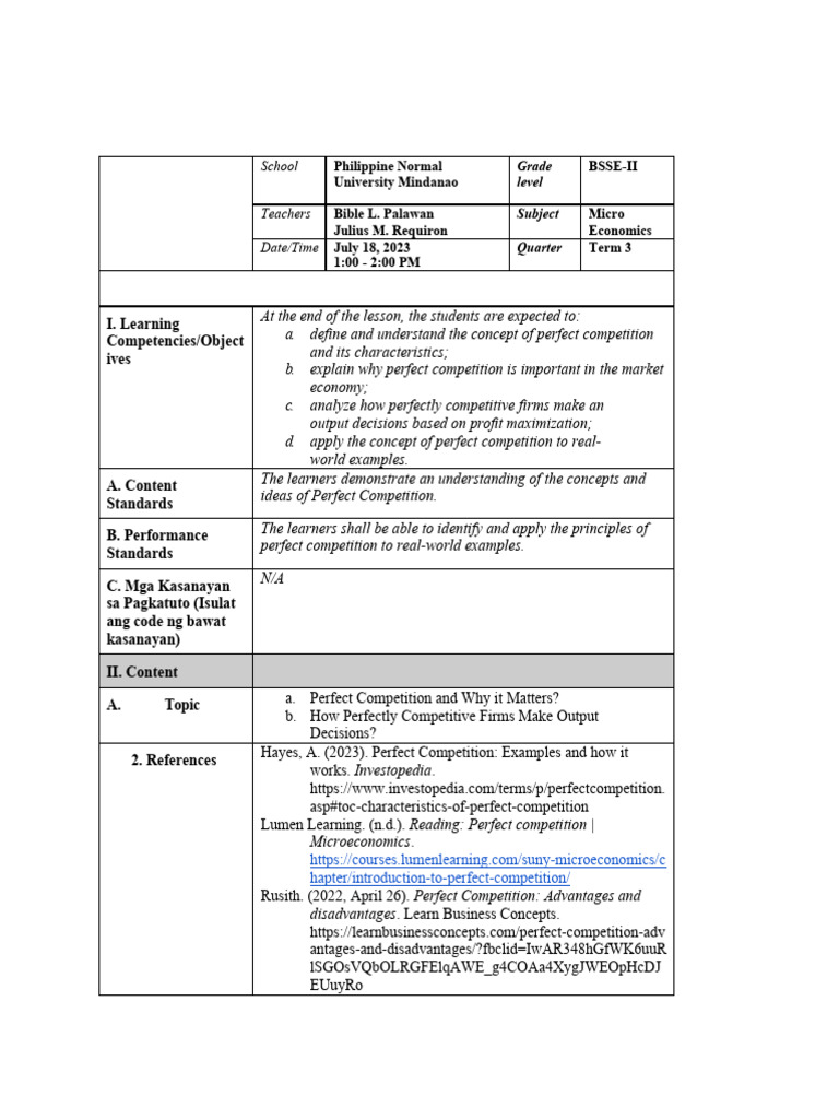 Perfect Competition Lesson Plan | PDF | Profit (Economics) | Perfect ...
