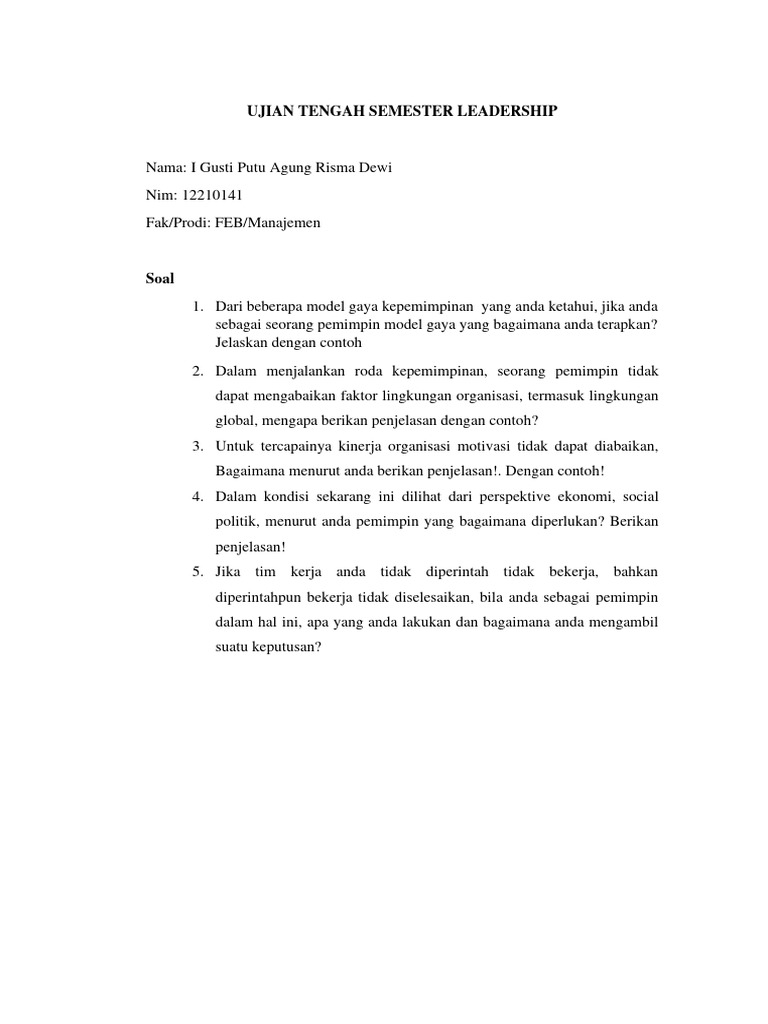 Uts Leadership - 12210141 - I Gusti Putu Agung Risma Dewi | PDF ...