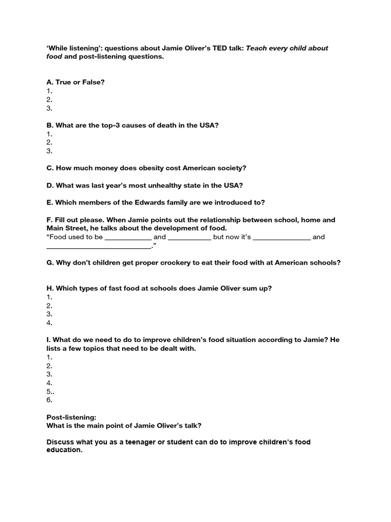 Ted Talk Jamie Oliver Students Question Sheet | PDF