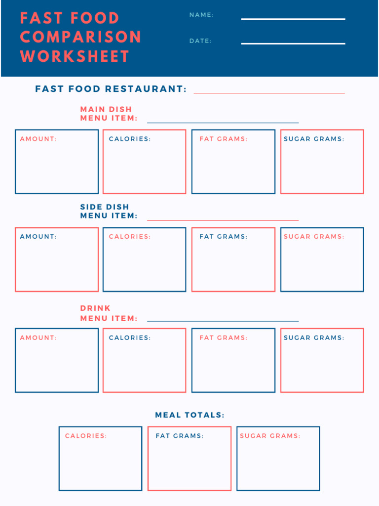 Fast Food Comparison Worksheet | PDF | Fast Food | Menu