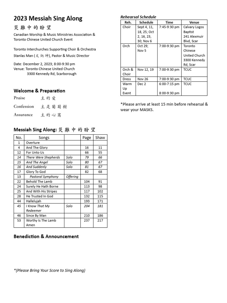 2023 Messiah Sing Along - Song List - R1 | PDF | Messiah (Handel ...