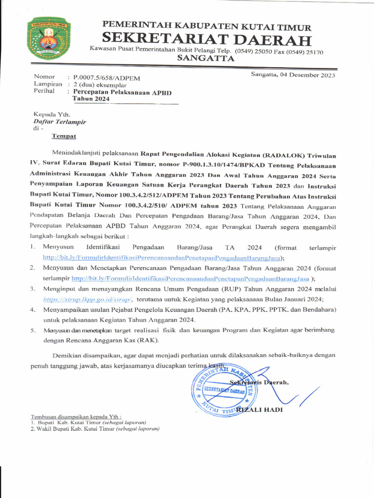 Surat Percepatan Pelaksanaan APBD 2024 | PDF
