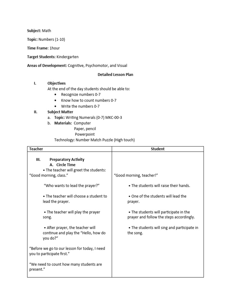 Detailed Lesson Plan Counting Numbers 1 10 | PDF | Cognitive Science ...