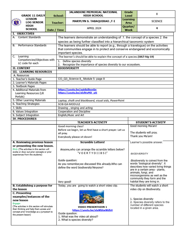 Detailed Lesson Plan Format | PDF | Biodiversity | Learning