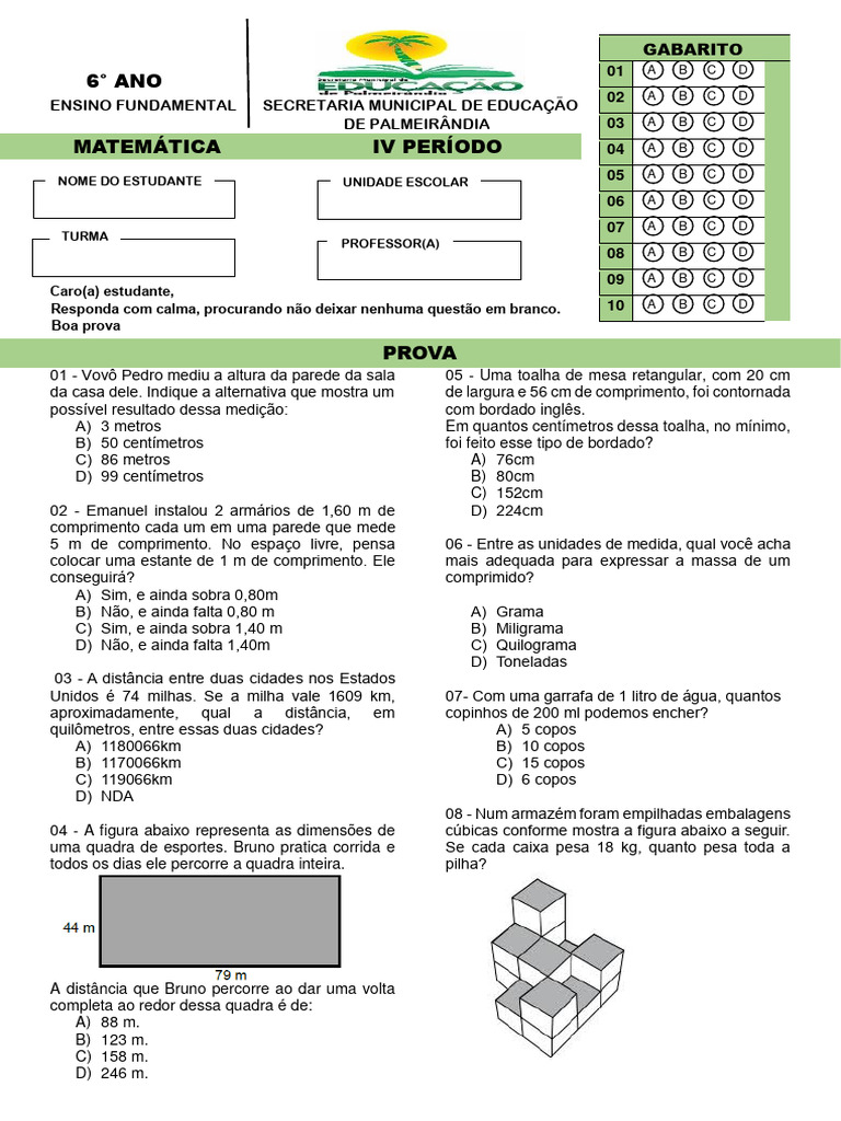 Prova Matematica 6 Ano IV Periodo | PDF | Metro | Metrologia