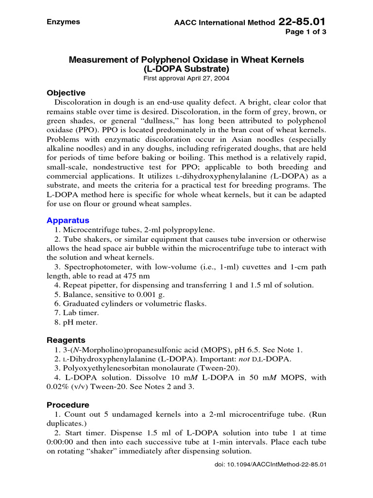 22-85-01 Measurement of Polyphenol Oxidase in Wheat Kernels (L-DOPA Substrate) | PDF ...