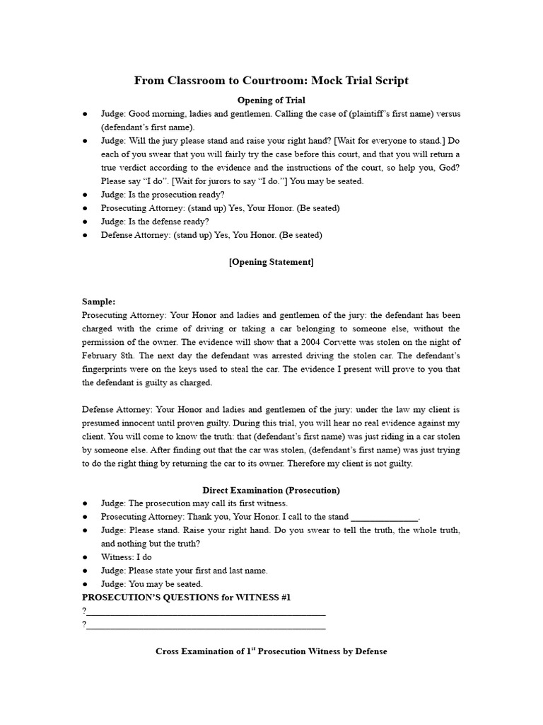 Mock Trail Judge Script | PDF | Witness | Cross Examination