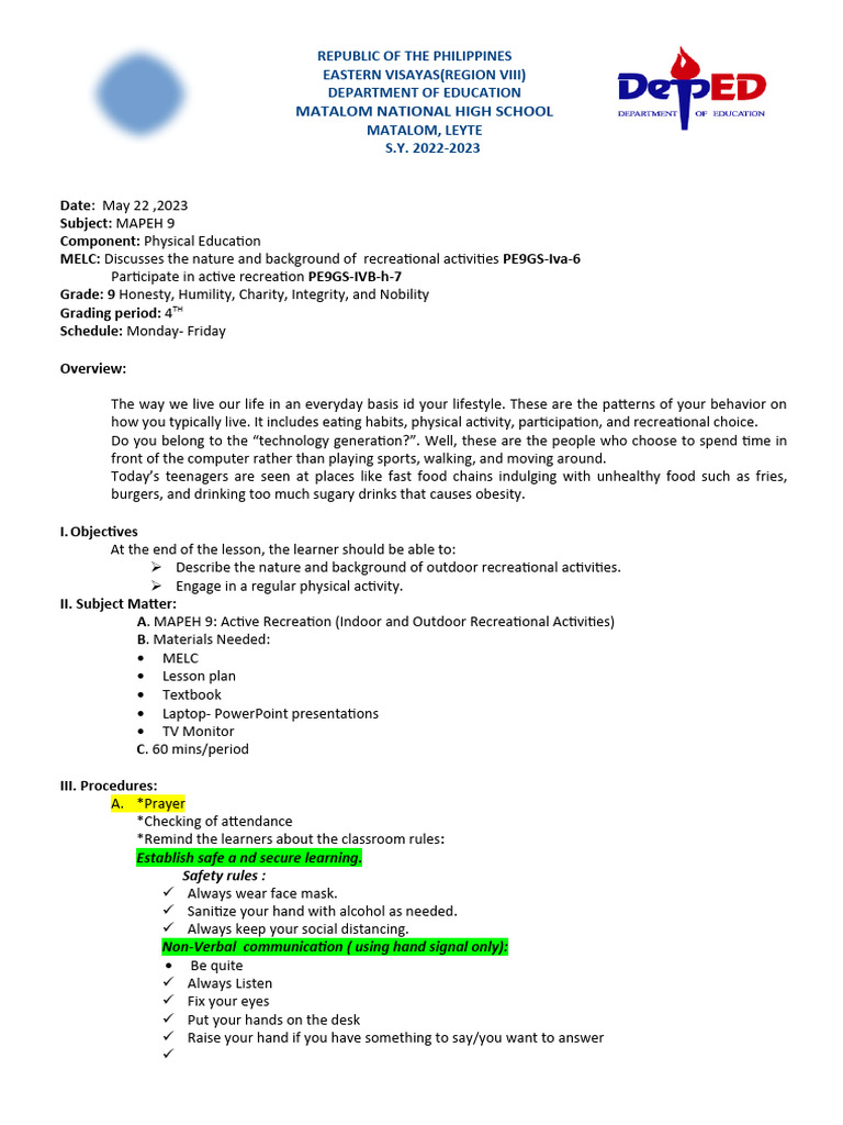 LESSON PLAN P.E Q4 - (Active Recreation) 2022-2023 | PDF | Scuba Diving ...