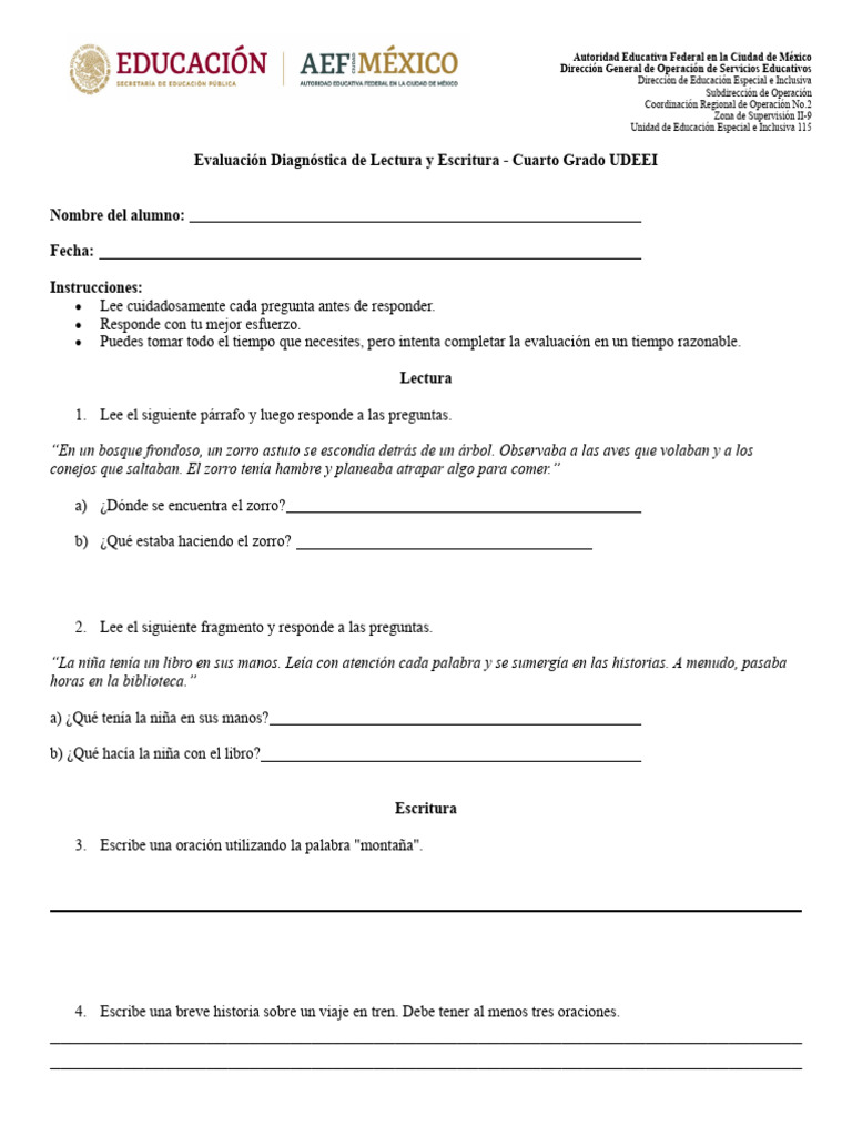 Evaluación Diagnóstica de Lectura y Escritura 4to Grado | PDF