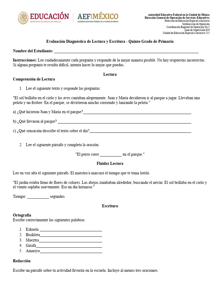 Evaluación Diagnóstica de Lectura y Escritura 5 Grado UDEEI | PDF