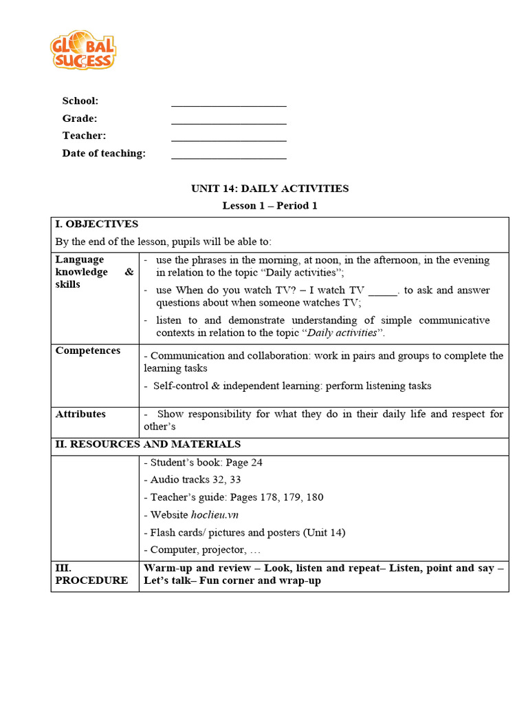 KHBD TIẾNG ANH 4 GLOBAL SUCCESS THEO CV 2345 WORD Unit 14 | PDF | Teachers | Question