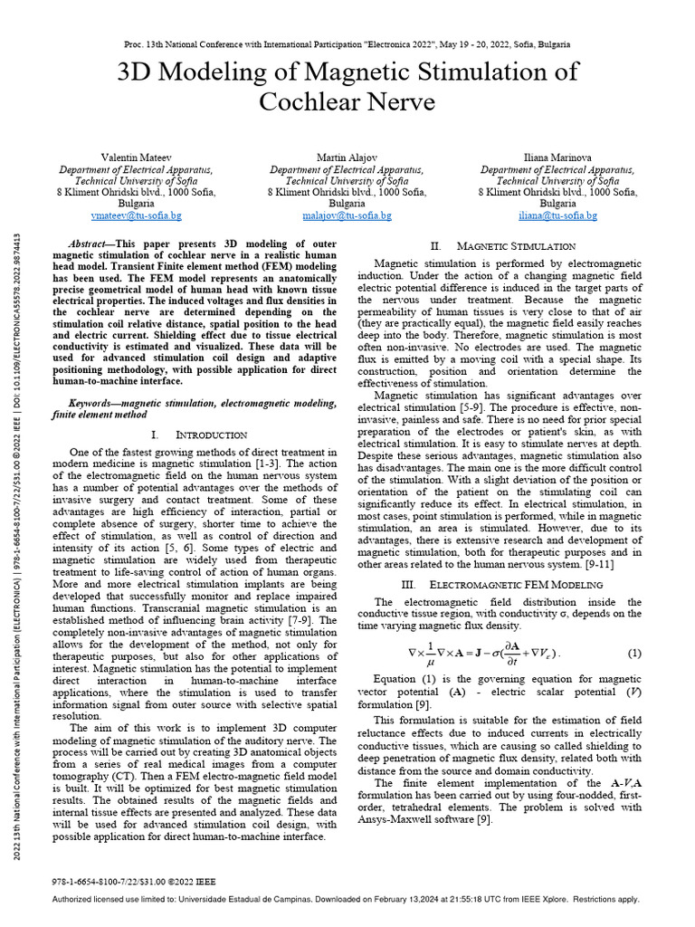 3D Modeling of Magnetic Stimulation of Cochlear Nerve | PDF | Neuron | Action Potential