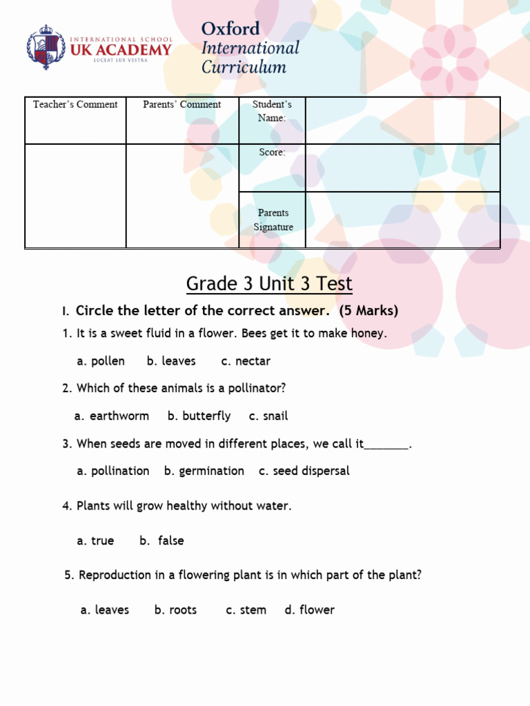Grade 3 Unit 3 Test | PDF | Flowers | Pollination