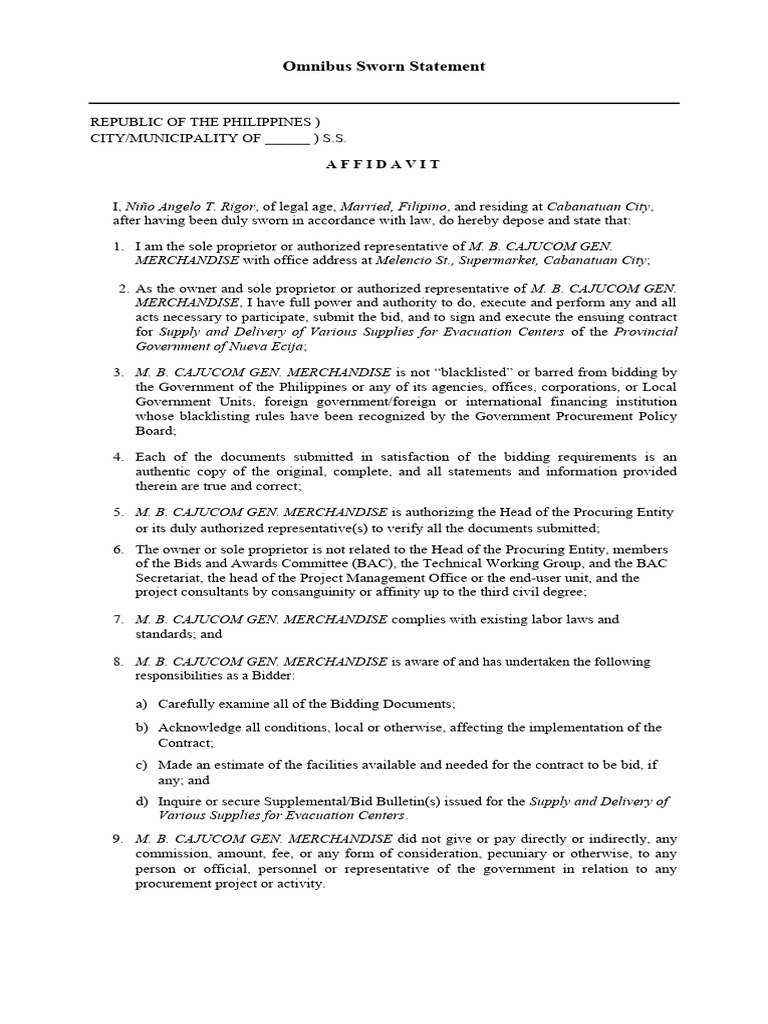 Omnibus Sworn Statement Template | PDF | Affidavit | Justice
