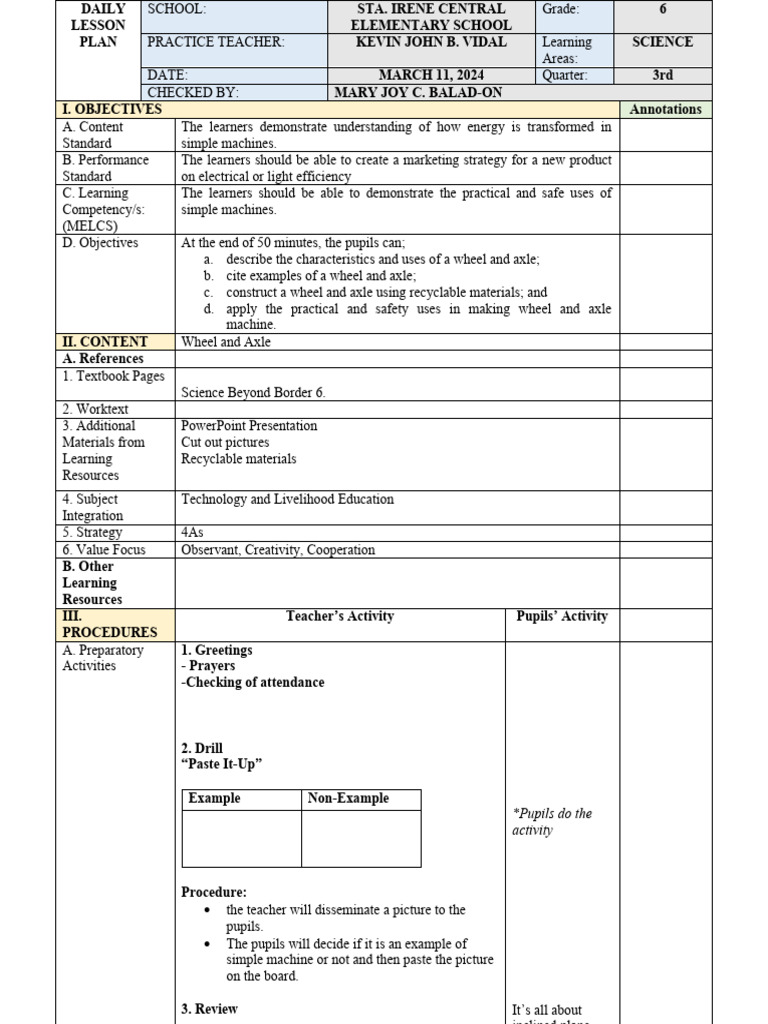 Science 6-7TH Wheel and Axle | PDF | Learning | Teachers