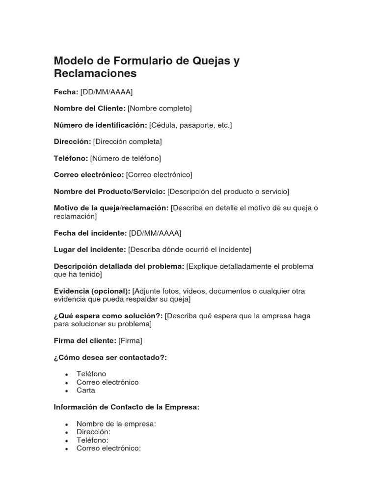 Formulario de Quejas y Reclamaciones | PDF
