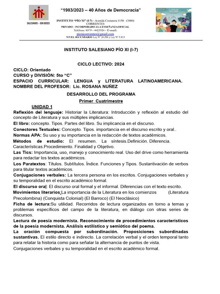 PROGRAMA de 5to C 2024 | Descargar gratis PDF | Cuentos | Poesía