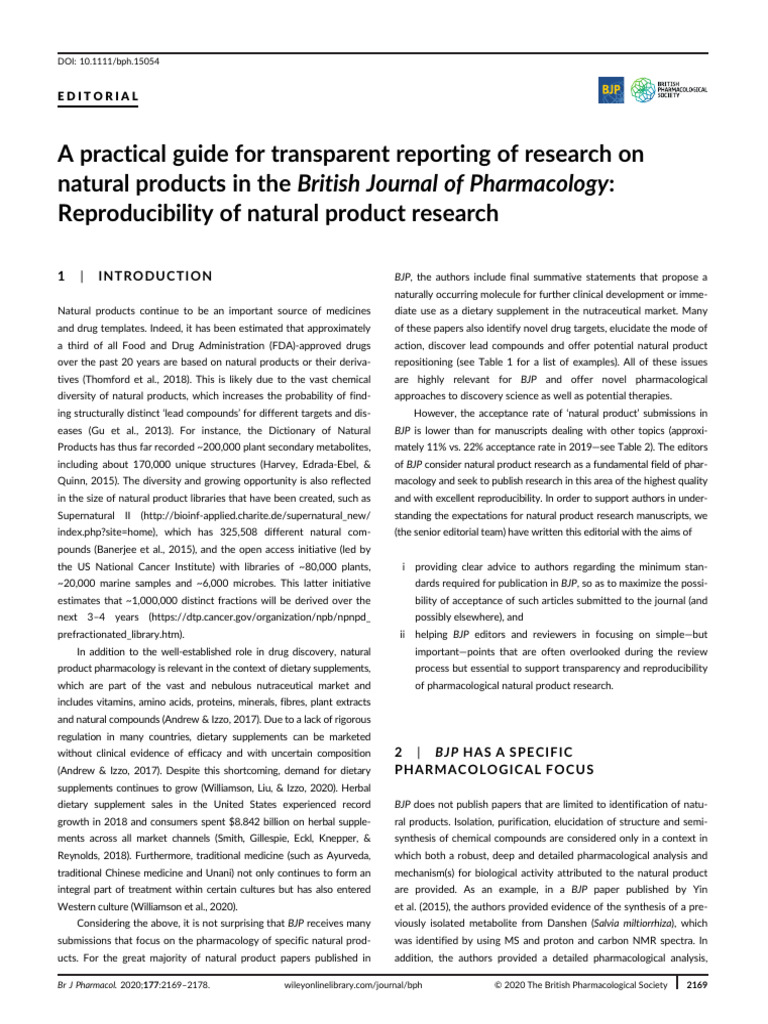 A Practical Guide For Transparent Reporting of Research On Natural Products in The British ...