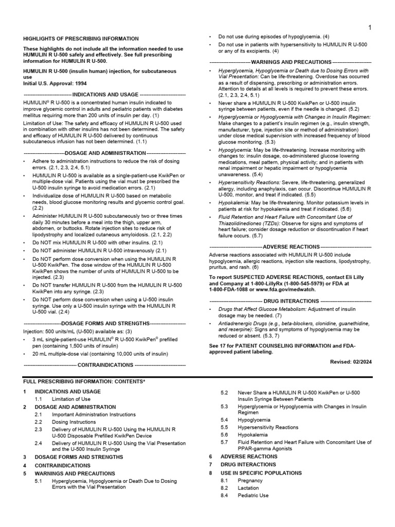 Humulin R U500 Pi | PDF | Hypoglycemia | Diabetes Management