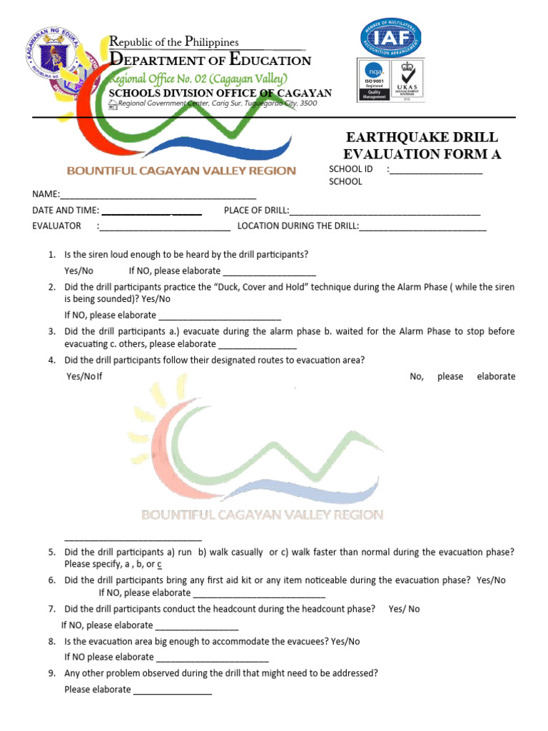 Earthquake Drill Evaluation Form A | PDF | Emergency Evacuation ...