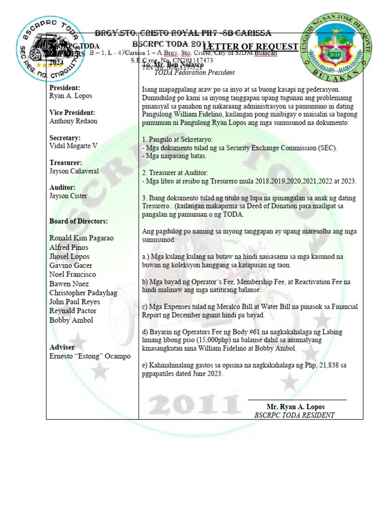 Toda Federation Letter | PDF