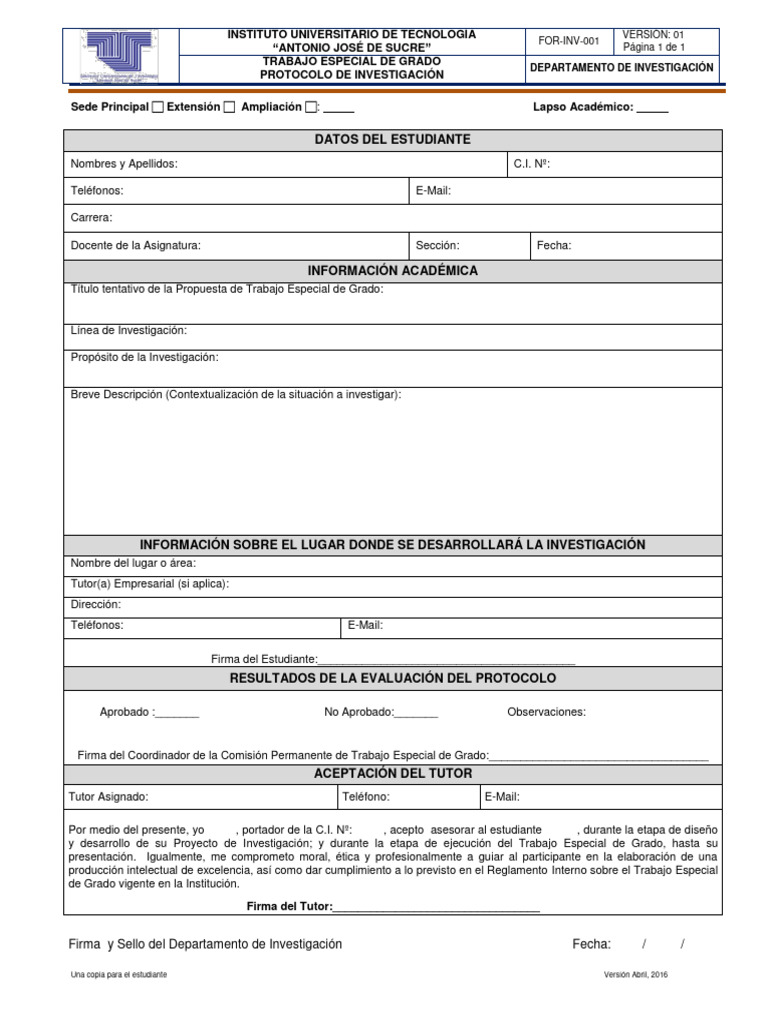 Formato 001 Inv - Protocolo Inv | PDF