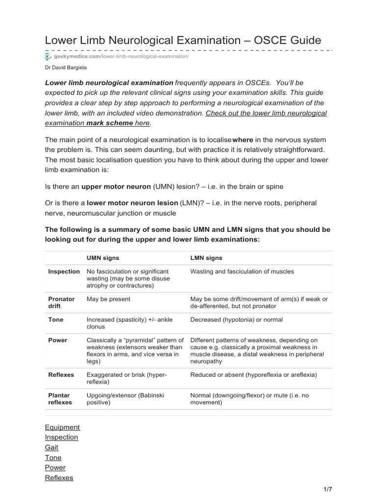 Lower Limb Neurological Examination OSCE Guide | PDF | Anatomical Terms Of Motion | Foot