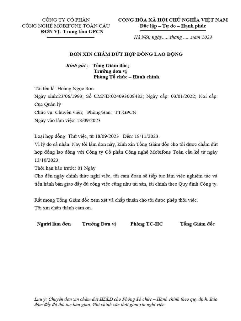 Don Xin Cham Dut Hop Dong Lao Dong - HoangNgocSon | PDF