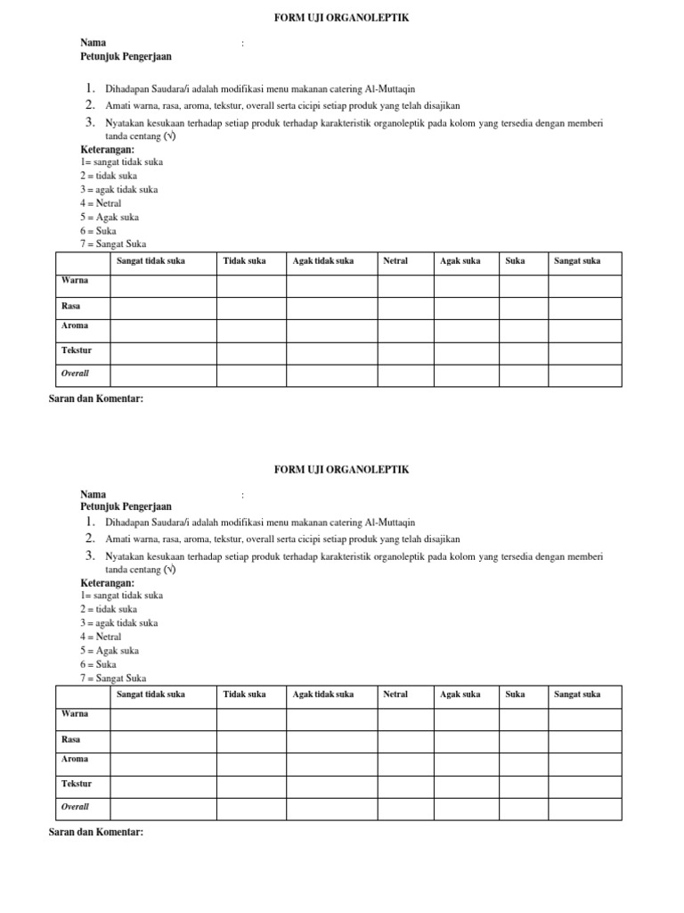 Form Uji Organoleptik | PDF