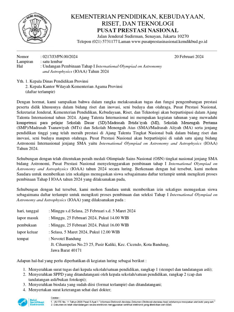 Surat Undangan Peserta Pembinaan Tahap I International Olympiad On Astronomy and Astrophysics ...