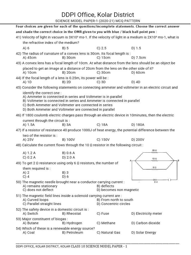 Science EM SET 1 MCQ Sample Questions DDPI Kolar | PDF | Neuron ...