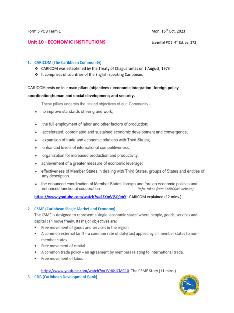 F5 POB - Unit 10 Economic Institutions and Trade Agreements | PDF | World Economy | Trade