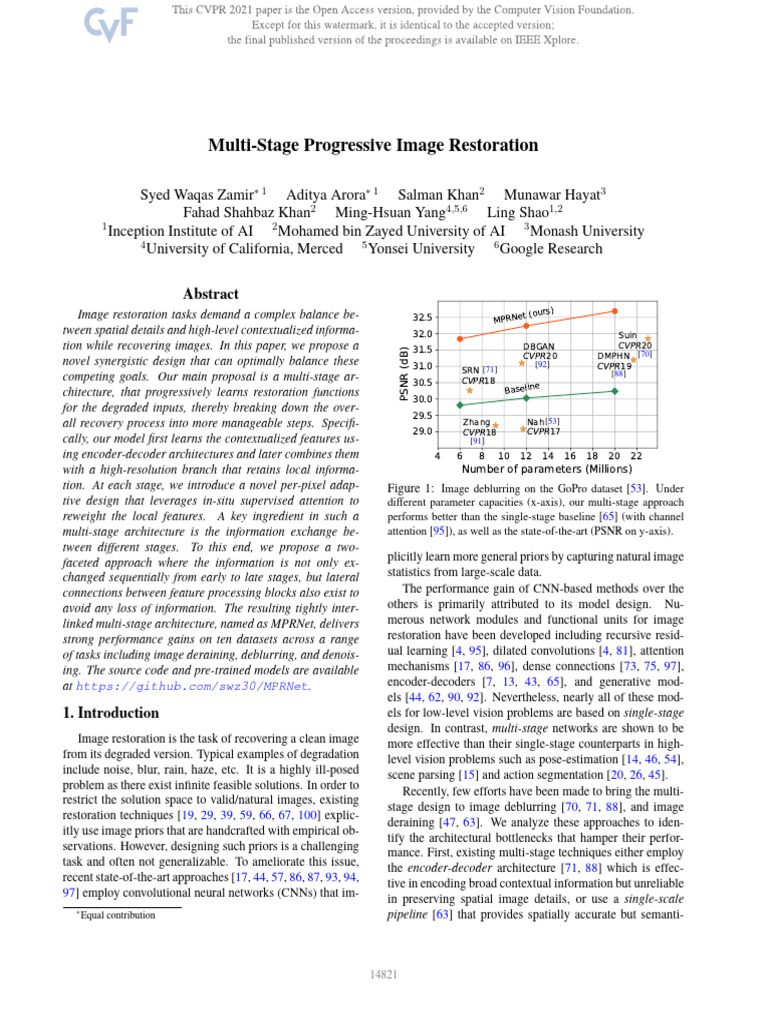 Zamir Multi-Stage Progressive Image Restoration CVPR 2021 Paper | PDF | Attention | Image ...