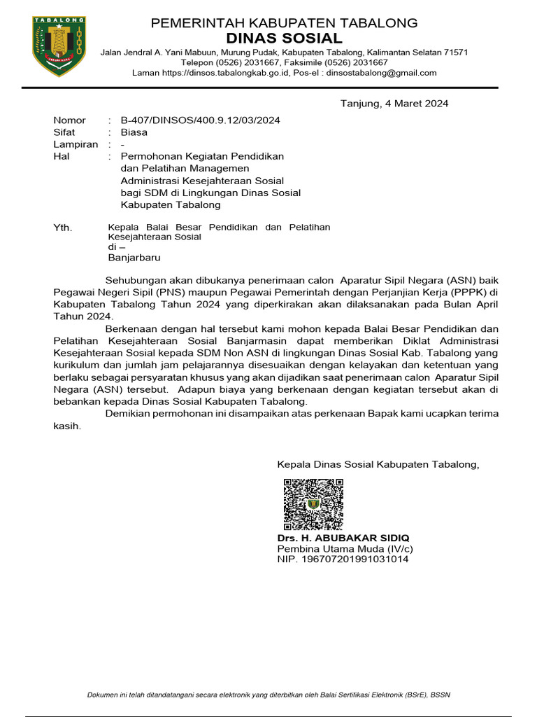 Permohonan Kegiatan Pendidikan Dan Pelatihan Managemen Administrasi Kesejahteraan Sosial Bagi ...