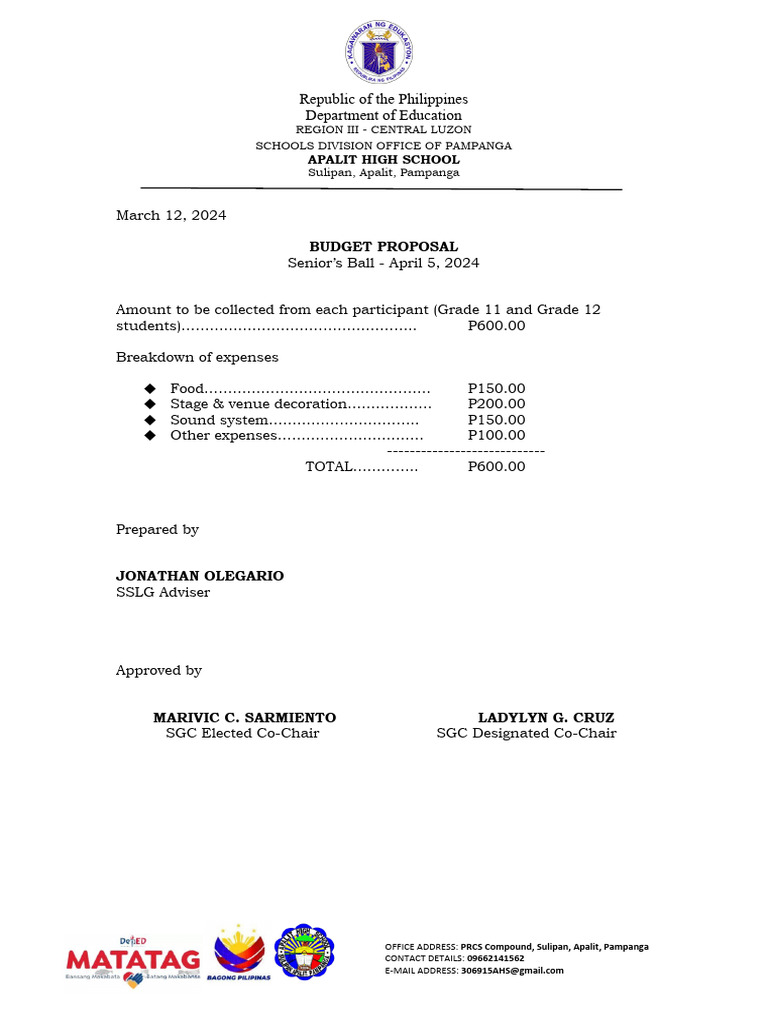 Transmittal 2024 Budget Proposal Seniors Ball | PDF