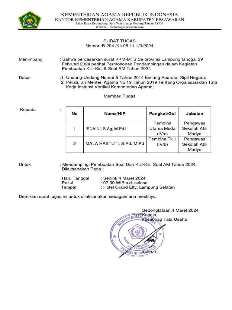 Contoh Surat Tugas | PDF