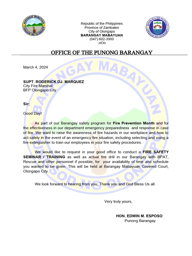 BFP Request For Fire Seminar | PDF