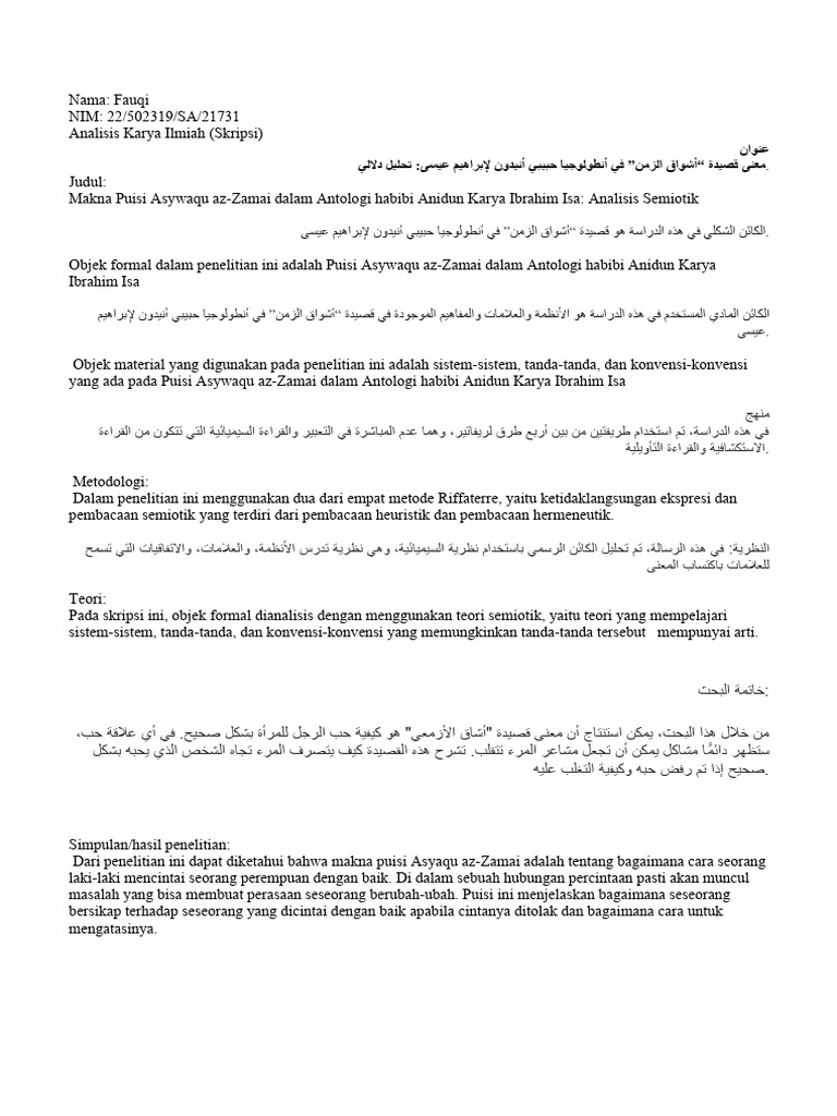 Analisis Karya Ilmiah - Fauqi Anwar Baihaqi | PDF Analisis Karya Ilmiah - Fauqi Anwar Baihaqi | PDF