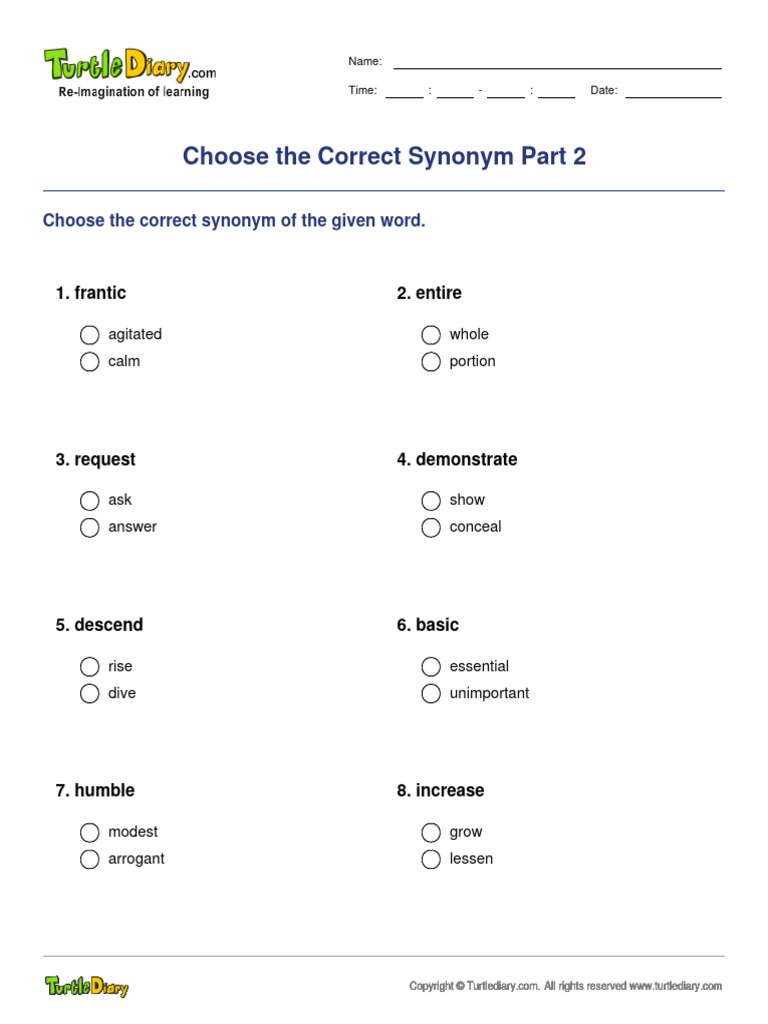 Choose The Correct Synonym Fourth Grade | PDF