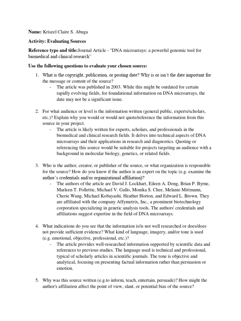 Evaluating Sources (Activity) - ABUGA | PDF | Credibility | Dna Microarray