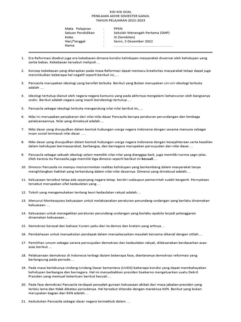 Kisi Kisi Soal PAS Ganjil PPKN Kelas 9 2022 | PDF