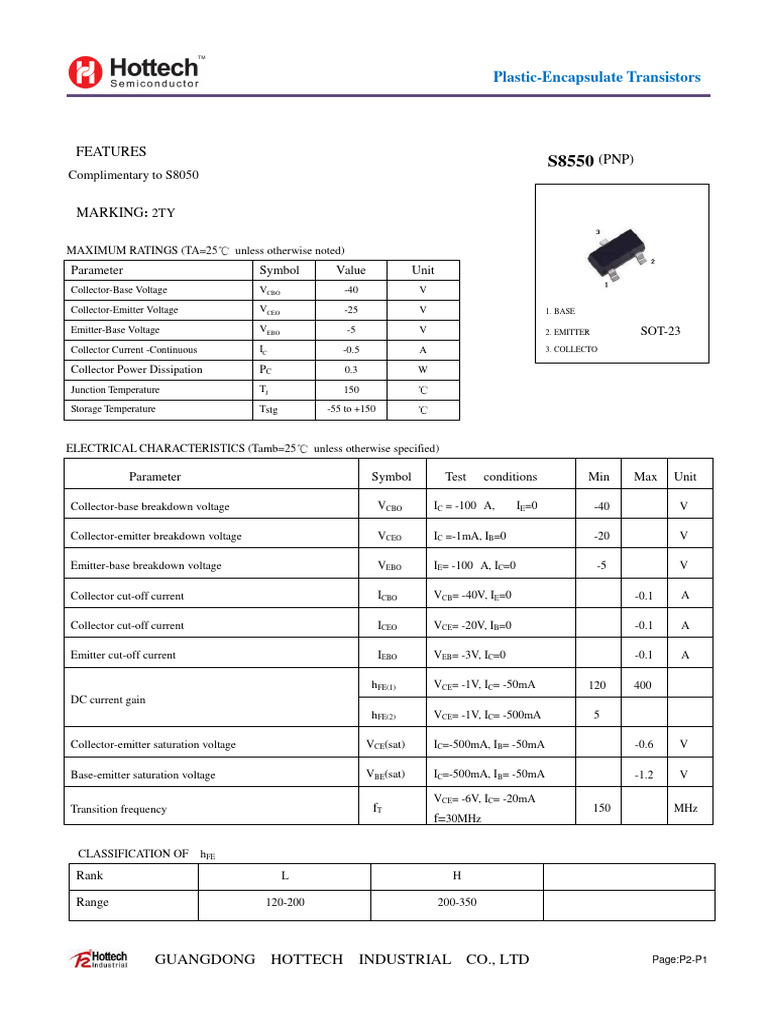 Transistor Sot23 S8550 2TY | PDF | Bipolar Junction Transistor | Electrical Engineering