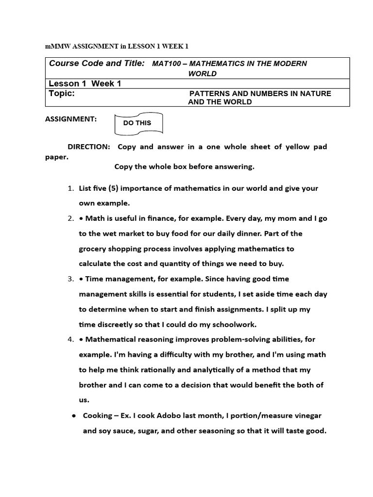 MMW ASSIGNMENT in LESSON 1 WEEK 1 | PDF | Mathematics
