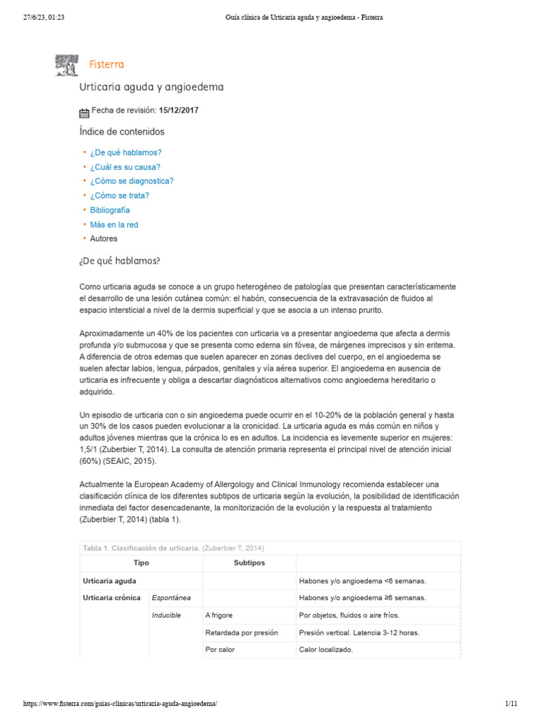 Guía Clínica de Urticaria Aguda y Angioedema - Fisterra | PDF ...