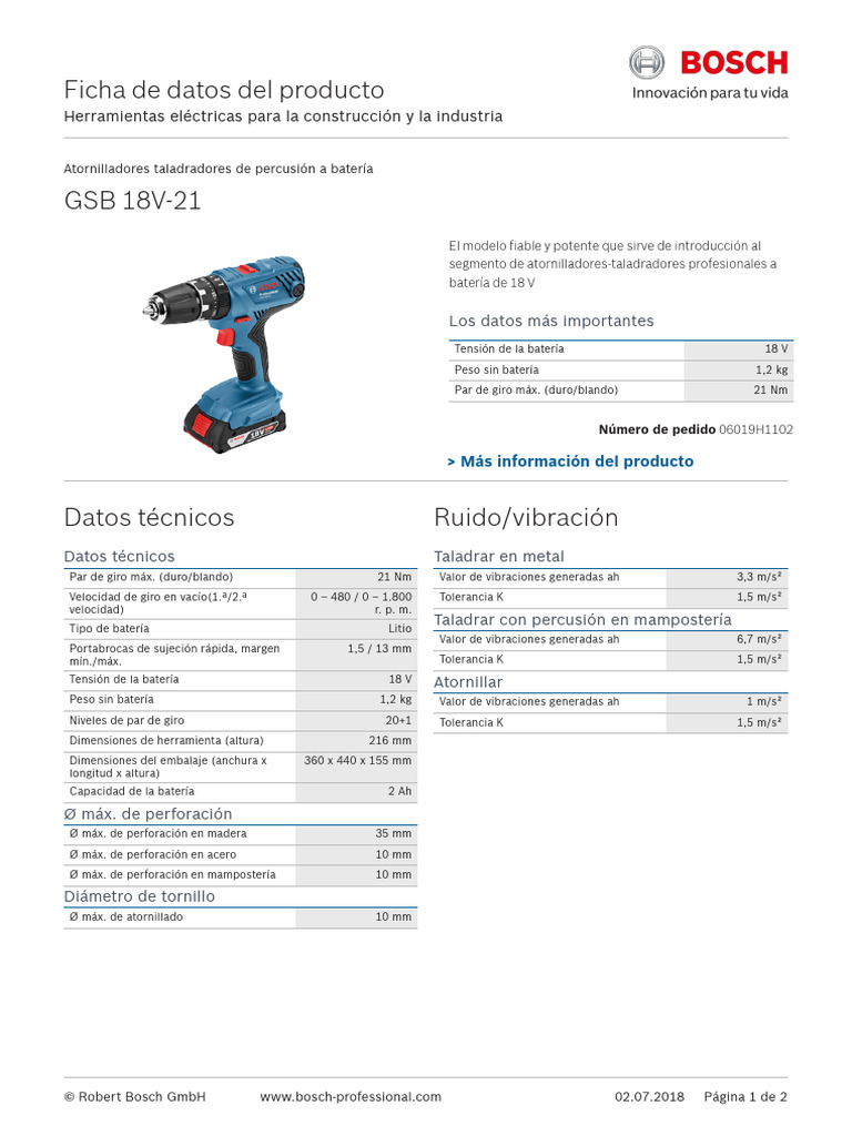 Ficha Tecnica Taladro Bosch | PDF | Perforación | Perforar