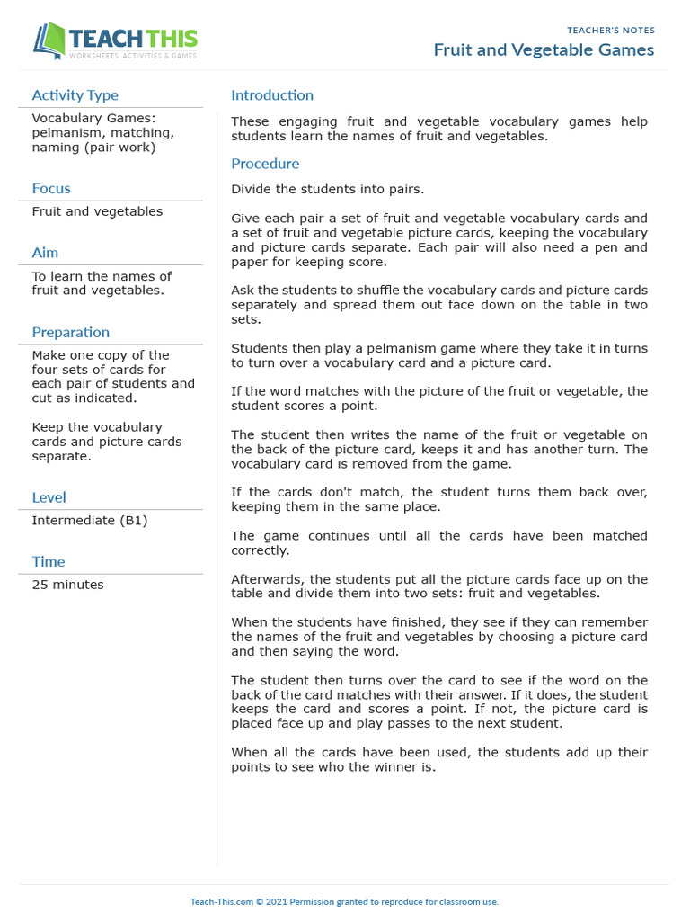 Fruit and Vegetable Vocabulary Games | PDF | Vegetables | Fruit