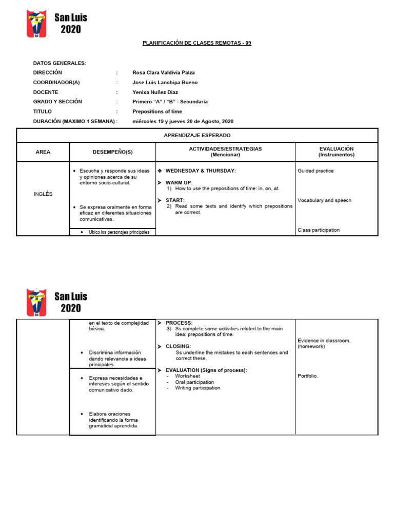 Planificación de Clase 09 - Primero - Secundaria | PDF | Aprendizaje | Modificación de ...