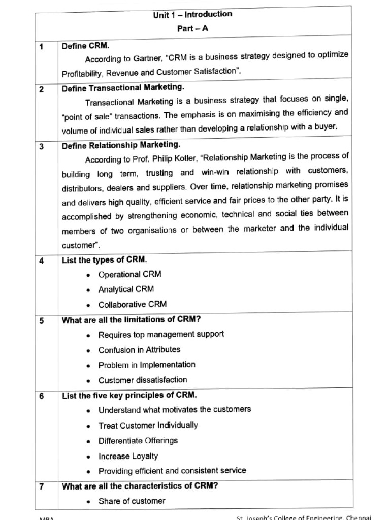 CRM Unit 1 Question Bank | PDF | Customer Relationship Management | Marketing
